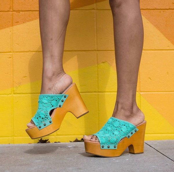 "Ole Crafty" Crochet Lace Studded Platform Clogs ~ Turquoise Green - Lil Bee's Bohemian