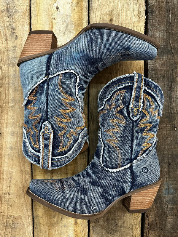 Y'all Need Dolly Distressed Denim Embroidered Boots (DS) - Lil Bee's ...