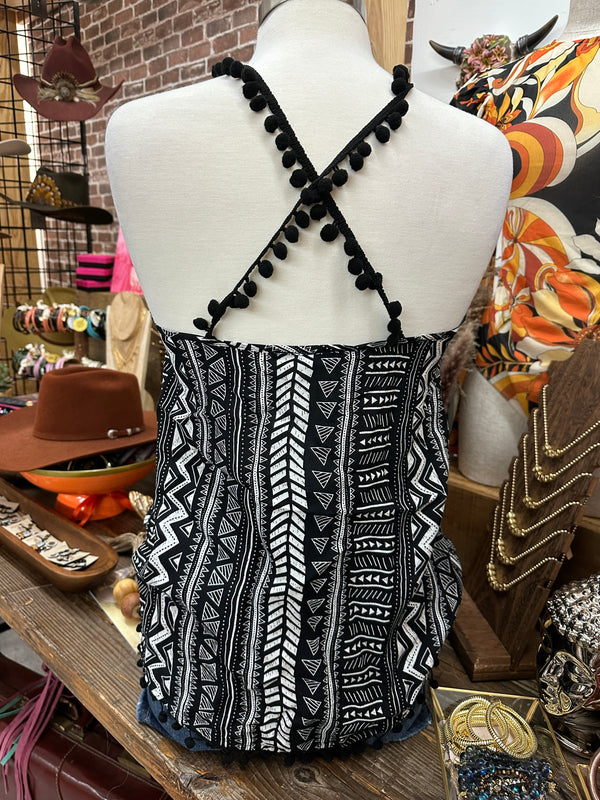 "Ole Pom Pom" Black & White Aztec Tank Top - Lil Bee's Bohemian