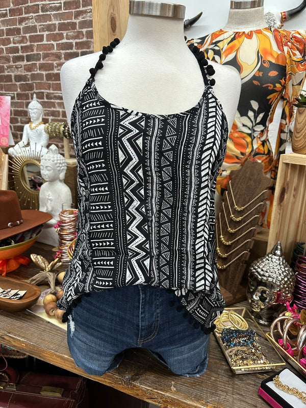 "Ole Pom Pom" Black & White Aztec Tank Top - Lil Bee's Bohemian
